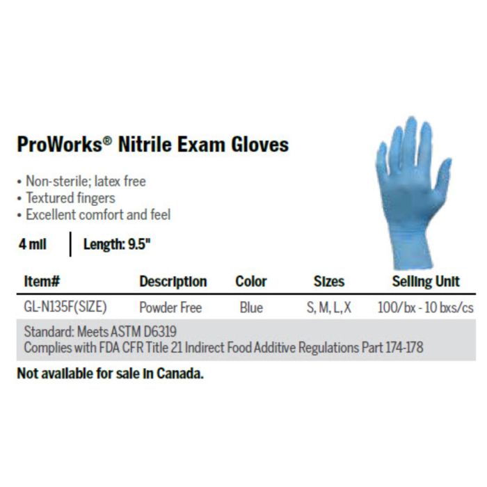 ProWorks Blue Nitrile Powder-Free Exam Gloves, 4 mil, XL, CS1000